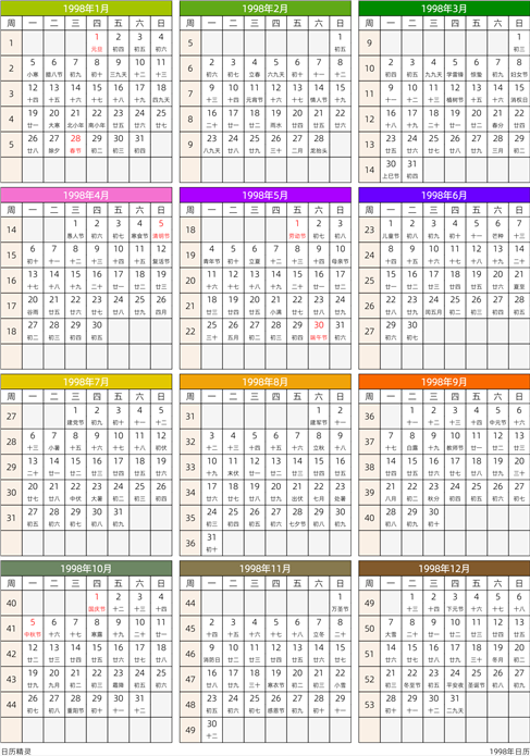1998年电子日历 1998年全年日历PDF版 - 年历、周历、月历、日历 - 日历精灵
